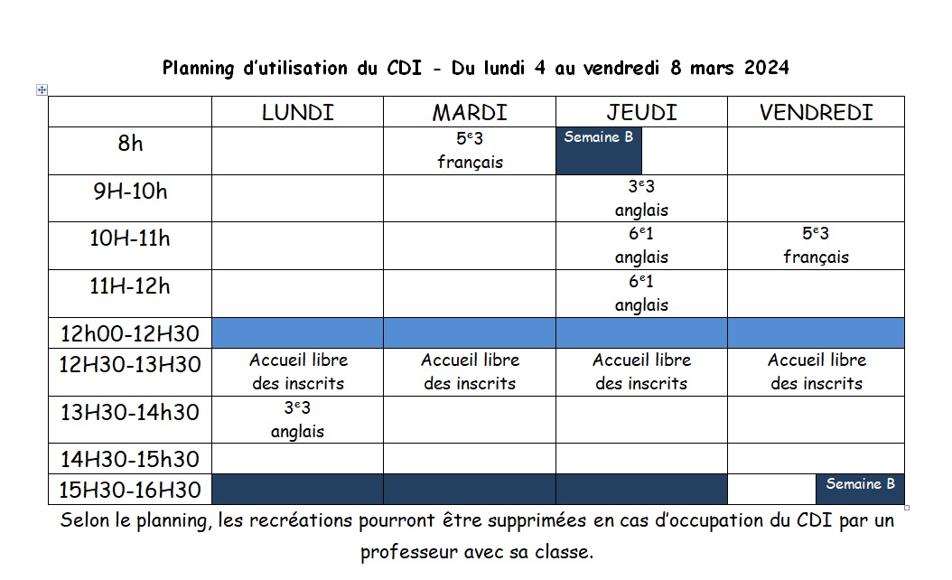 Planning d'utilisation du CDI | Lis Isclo d'Or